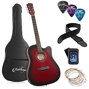 Ashthorpe 41-inch Beginner Cutaway Acoustic Guitar Package (Red), Full Size Basic Starter Kit w/Gig Bag, Strings, Strap, Tuner, Picks