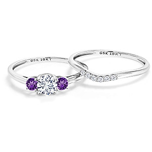 10K White Gold Moissanite From Charles & Colvard Amethyst and Lab Grown Diamond 3-Stone Bridal Engagement Wedding Ring Set For Women | 0.77 Cttw | Available in Size 5-9