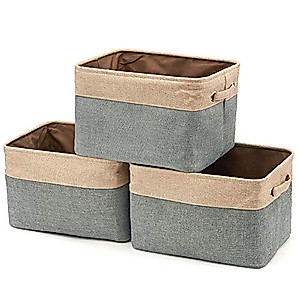 EZOWare Set of 3 Canvas Fabric Tweed Storage Organizer Cube Set W/Handles for Nursery Kids Toddlers Nursery Room - 15 L x 10.5 W x 9.4 H -Gray/Brown
