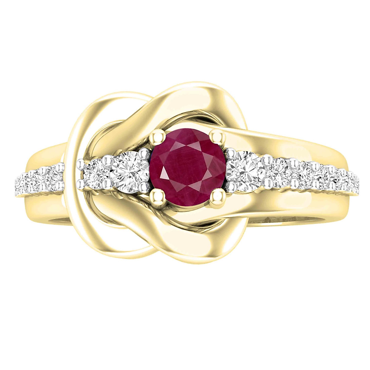 Dazzlingrock Collection 4mm Round Ruby & White Diamond Knot Style Engagement Promise Ring for Women in 14K Solid Yellow Gold, Size 6
