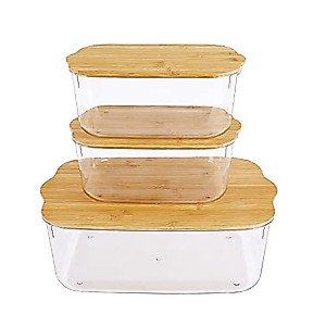 ANMINY 3PCS Clear Plastic Storage Bins Lidded Stackable Basket Box Set with Bamboo Removable Lid Handle Home Kitchen Closet Shelf Decorative Kid Toy Clothes Towel Laundry Organizer - 1 Medium 2 Small