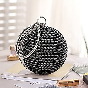 CORIOS Evening Handbag for Women Round Ball Clutch Purse Beaded Pearl Clutch Bag Rhinestones Shoulder Bag Bridal Wedding Purse Crossbody Bag for Wedding Cocktail Party Banquet Prom Black