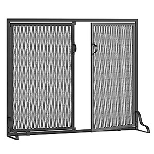 Kingson 37.8x30.7 in Fireplace Screen with Doors, 2-Pannel Handcrafted Solid Wrought Iron Decorative Mesh Classic Fire Spark Guard-Black