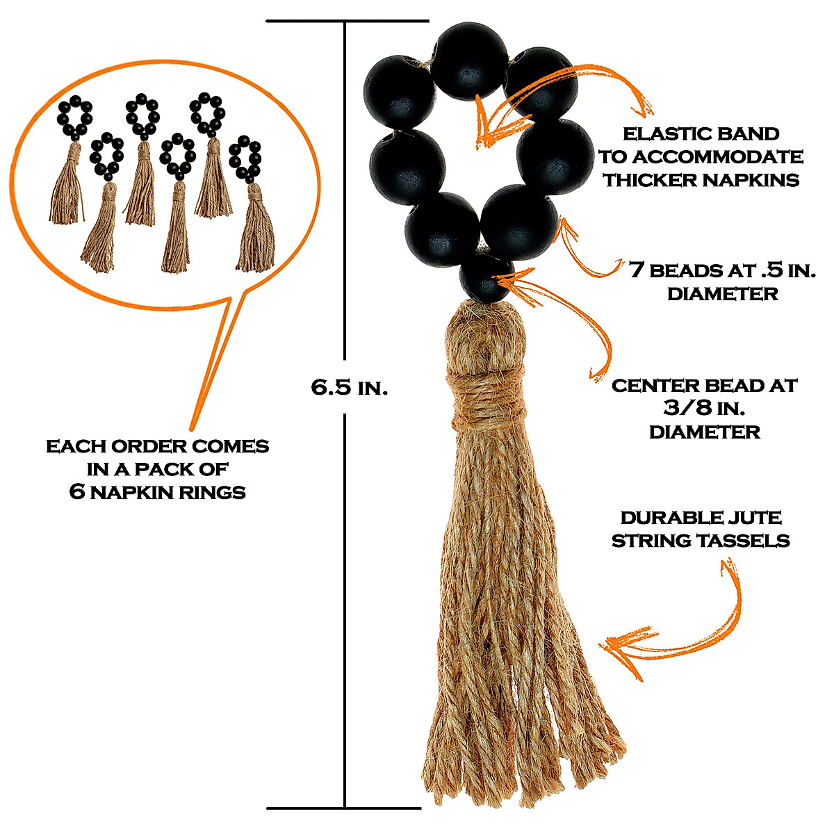 Wood Bead Napkin Rings Set of 6, Stretchable Farmhouse Napkin Ring 6, Elastic Boho Napkin Rings, Beaded Napkin Rings, Wood Napkin Ring Rustic Napkin Rings, Wooden Napkin Rings Fall Napkin Rings Tassel