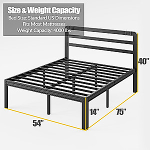 BOSRII Premium Quality Full Size Bed Frame - Reinforced Thickened Profile for Unmatched Strength and Durability - Sturdy Construction for Long-Lasting Support and Comfort——14 Inch High