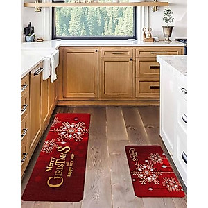 JasmineM Christmas Snowflake Shiny Diamonds Kitchen Rugs and Mats Set of 2, Christmas Decorations Indoor Outdoor Kitchen Floor Mats, Xmas Non-Slip Runner Rug for Bathroom Living Room, Red