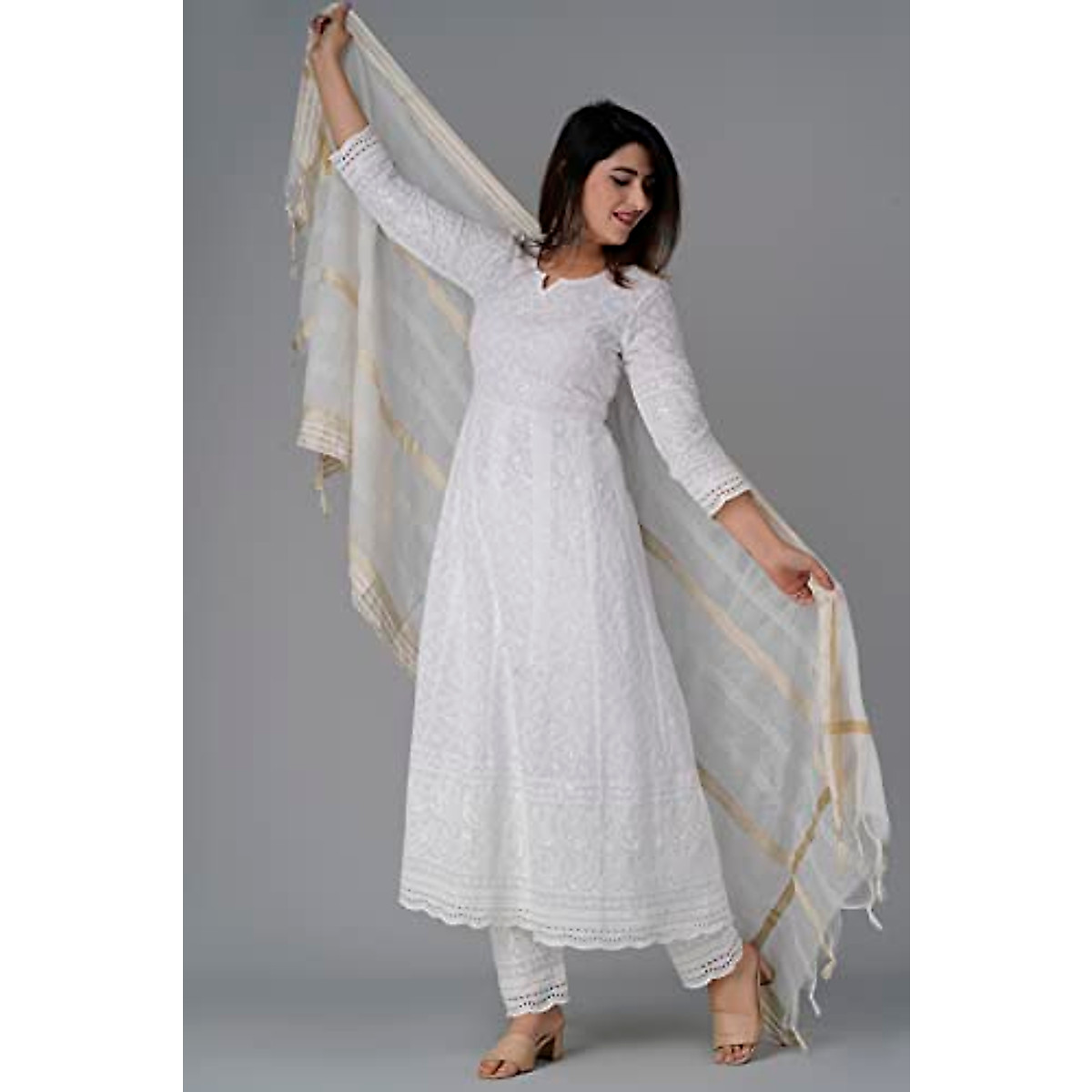 Chikankari Cotton Anarkali Indian Kurti For Women Summer Dress Kurta Pant With Dupatta Set Pakistani Long Kurta-(XXL) White