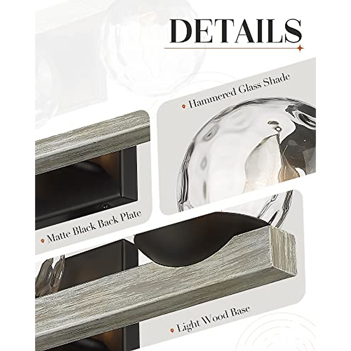 YKLITG Farmhouse Vanity Lights, Rustic Bathroom Lights with Hammered Glass Shade, 3-Light Bathroom Vanity Light with Wood Base for Bathroom, BD019-3-BK