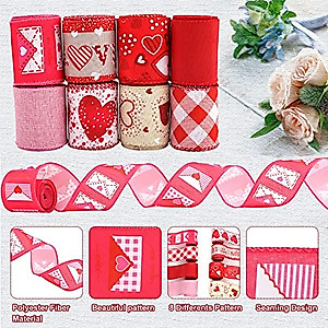 8 Rolls Heart Burlap Ribbon 2.5" Valentine's Day Ribbon Red Pink Buffalo Plaid Wired Edge Heart Love Ribbon for Gift Wrapping Wedding Anniversary Home Decor Floral Bows Wreath Craft and DIY, 40 Yards