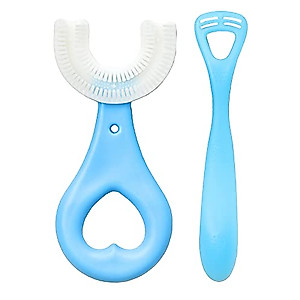 [2PC] Kids U Shaped Tooth Brush Safe Brushing For Teeth and Gums with Silicone Soft Tongue Scraper Cleaner [Ages 2-6] Blue