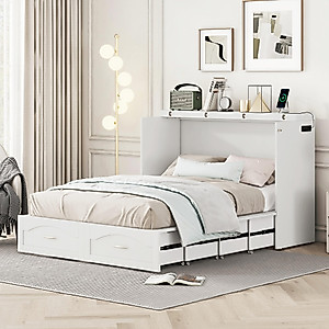 Jintop Full Size Murphy Bed,Cabinet Hideaway Bed with Drawer and a Set of Sockets & USB Ports,Wood Wall Bed can be Folded w/Pulley Structure Design,Easy Assembly,for Kids Bedroom,Student Dorms,White