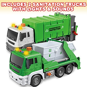 ArtCreativity Sanitation Trucks Set, Pack of 2, Light Up Garbage Trucks for Boys and Girls with Movable Parts, Sound, and LEDs, Push and Go Toy Sanitation Truck Set, Car Toys for Kids Ages 3 and Up