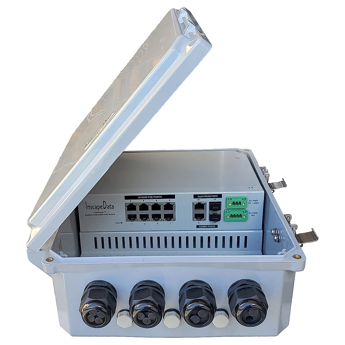 Inscape Data IP68 Outdoor PoE Switch, LPS1800AT-T1, 10-Port 10/100Mbps Unmanaged, 2X Combo Gigabit SFP Fiber/RJ45 Uplink, IEEE 802.3af/at, 240W