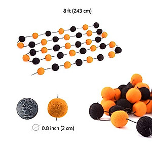 Glaciart One Felt Balls Garland - Easy to Hang Halloween Party Banner Decoration - 100% New Zealand Wool, Hand-Felted in Nepal - 8' Long, 40 Orange & Black Pom Poms