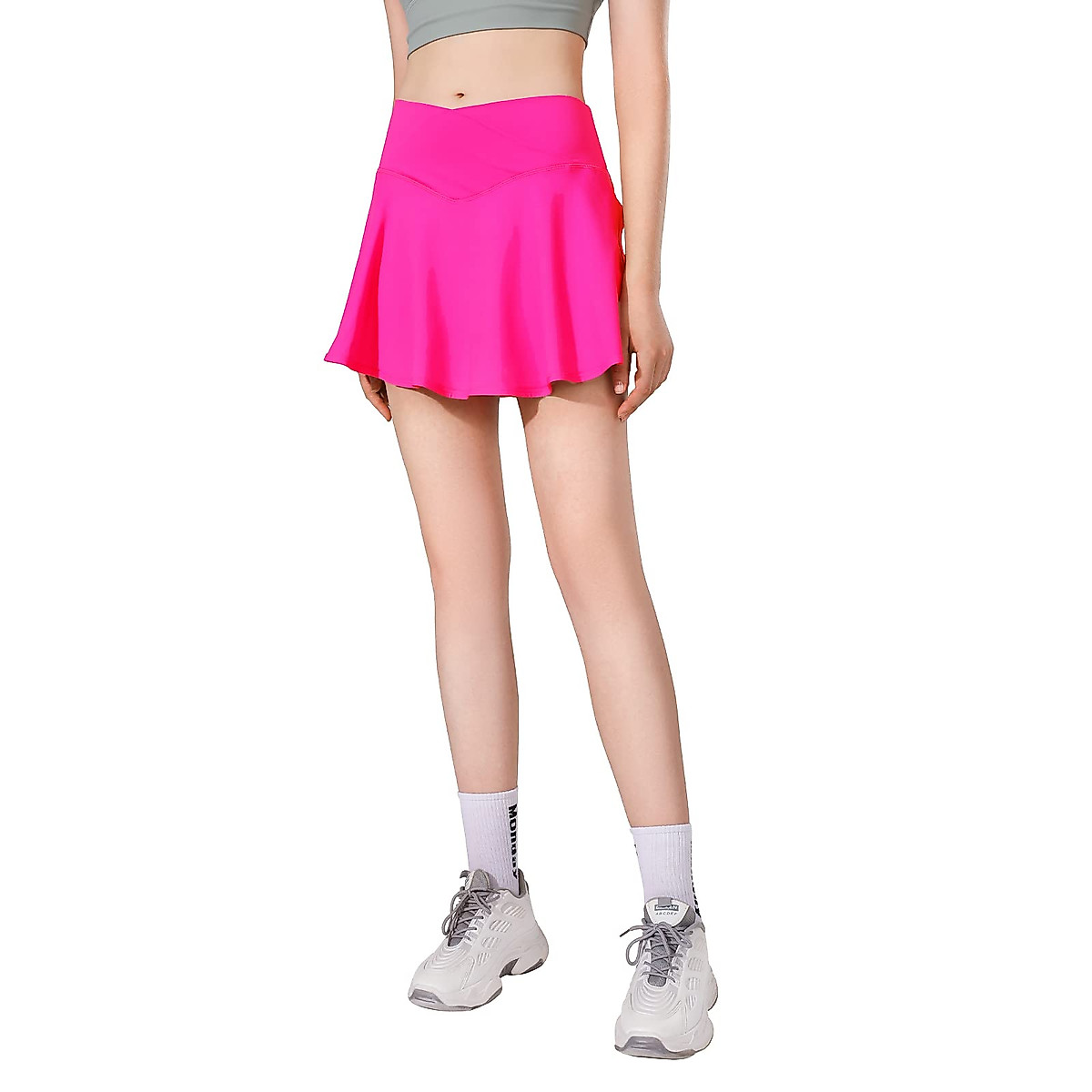 MCEDAR Pleated Crossover Tennis Skirt for Women with Pockets V High Waisted Crossbody Flowy Skirt Athletic Golf Skort 041jxy-Hot Pink/Cm