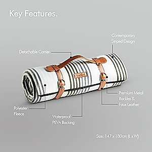 VonShef Picnic Blanket - Large 58" x 71" Soft Waterproof Folding Picnic Blanket for Outdoor Picnics, Beach, Camping - Gray Striped Pattern