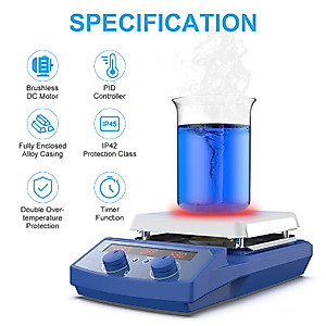 Magnetic Stirrer with Hotplate, 7 Inch Ceramic Hotplate, Speed and Temperature Adjusting, with Timer and Display, max 20L Stirring Capacity, 50 to 1500rpm, up to 510°C(950°F)