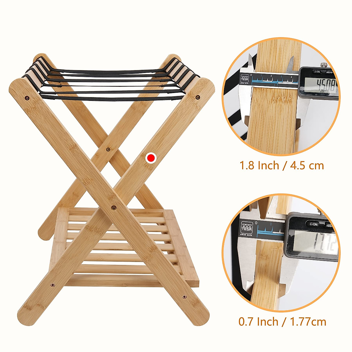 BAIDE PACK Wood Luggage Rack Stand for Guest Room, Folding Suitcase Holder Stand with 6 Support Straps for Home Bedroom Travel, Bamboo