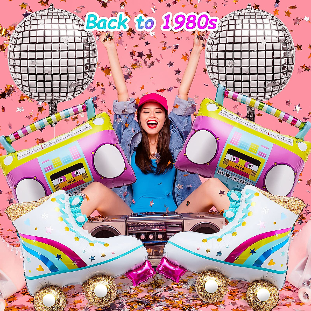 6 Pieces Roller Skate Balloon Boom Box 80s 90s 22 Inch Disco Foil Balloons 80s 90s Rainbow Retro Party Balloon for Party Decorations Wedding Anniversary Hip Hop Theme Party Supplies (Ball Style)