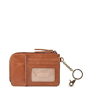 The Sak Iris Wallet in Leather, Elevated Card Holder with Keychain, Tobacco Floral Embossed II