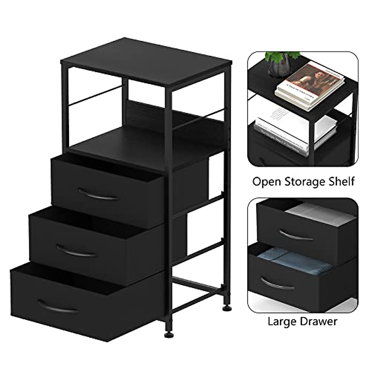 Black Nightstand with Drawer Set of 2, Tall End Table Bedroom Night Stand Side Table with 3 Fabric Drawers Modern Bedside Table with Storage Shelf for Office, Study