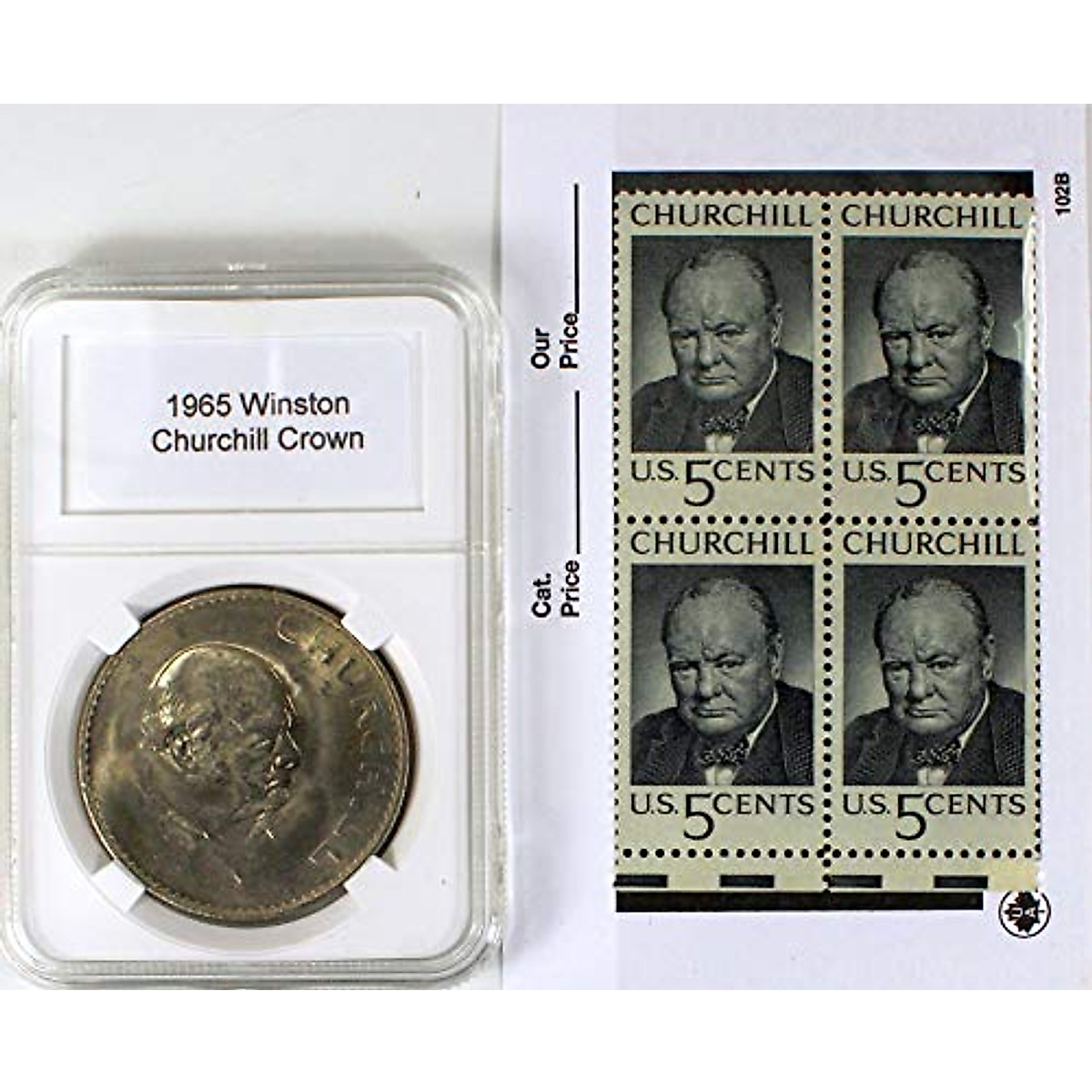1965 UK Block Of 4 Churchill 5¢ Postage Stamps & Elizabeth II Winston Churchill Commemorative Crown About Uncirculated