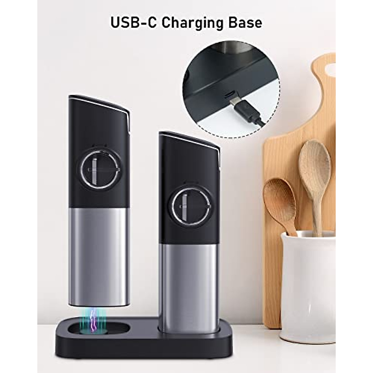 SENZER Gravity Electric Salt and Pepper Grinder Set, Automatic Pepper Mill Refillable Spice Grinder with LED Light Charging Base for Kitchen 2 Pack