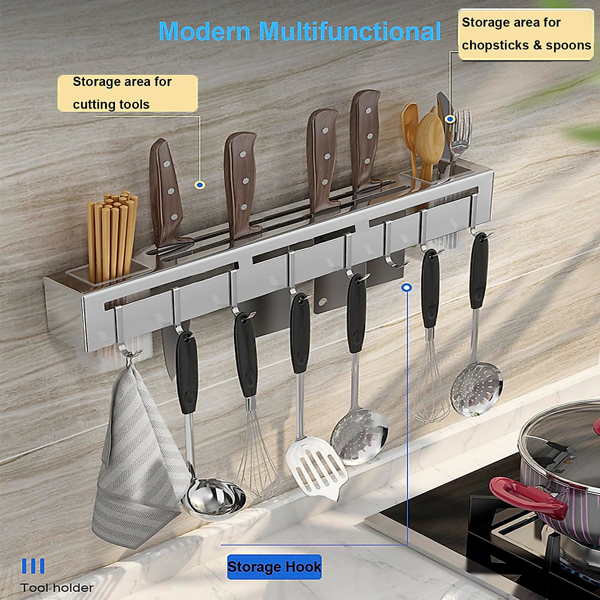 Knife Holder, Stainless Steel Knife Holder with 8 Hooks, No Punching kitchen Wall Mounted Multifunctional Chopsticks & Knife Holder for Storing Chopsticks, Knives & Rags in Home/Hotel