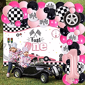 72Pcs Racing Car Theme Birthday Party Decorations for Girls, Pink Racing 1st Birthday Decoration, Fast One Backdrop Pink Black Balloon Garland Kit for children Race Car 1st Birthday Party Supplies