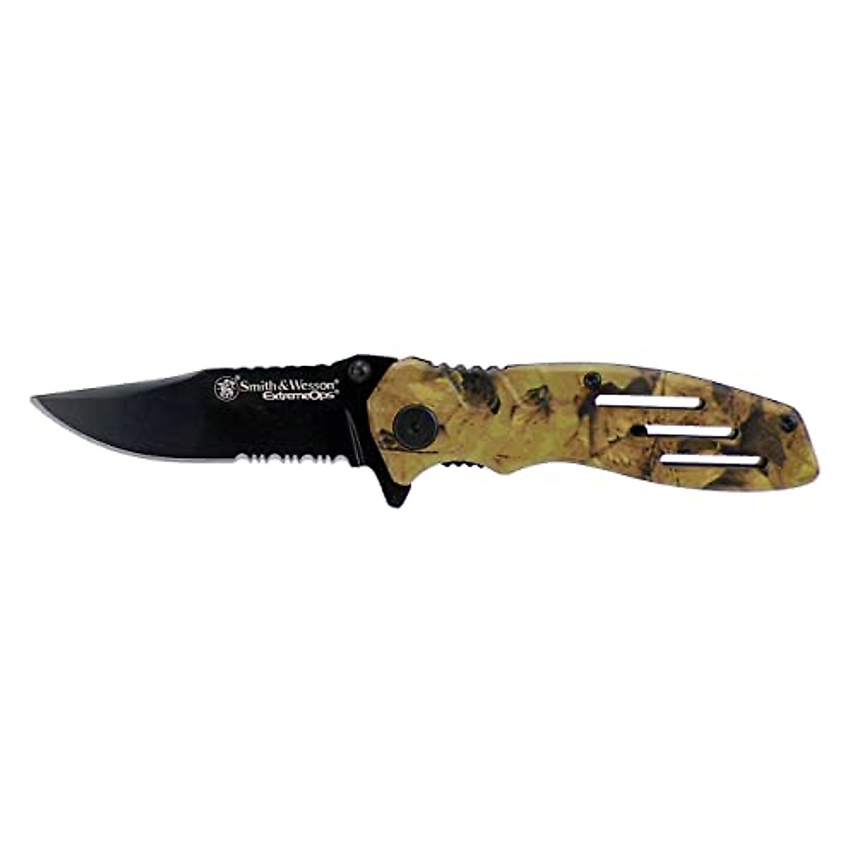 Smith & Wesson Extreme Ops SWA24S S.S. Folding , Tactical Knife with 3.1in Serrated Clip Point Blade, Aluminum Handle for Survival , Hunting Knife as Pocket Knife for Men Camouflage