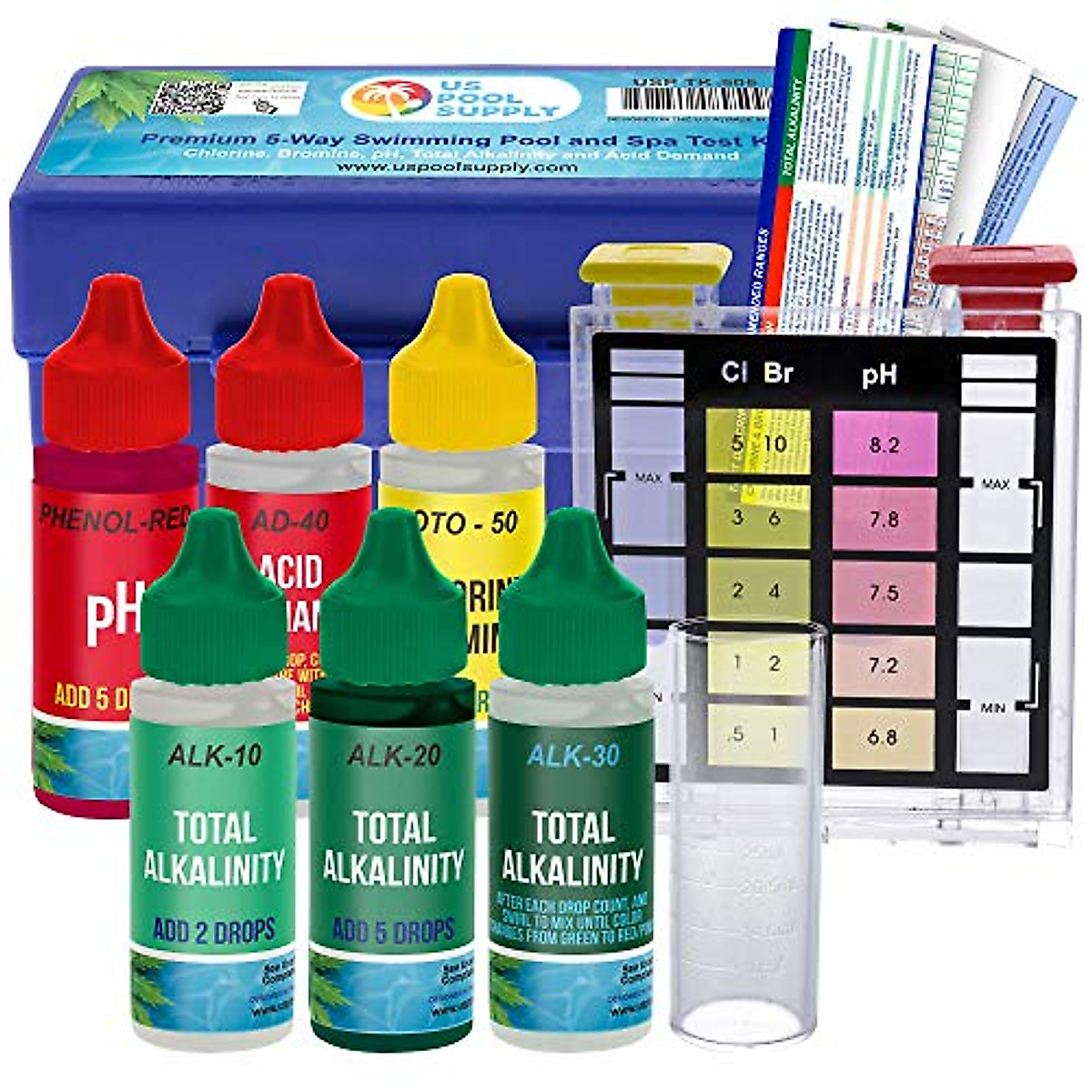 U.S. Pool Supply Premium 5-Way Swimming Pool & Spa Test Kit - Tests Water for pH, Chlorine, Bromine, Alkalinity and Acid Demand - Maintain Properly Balanced Chemical Levels, Algae Sanitizer Indicator