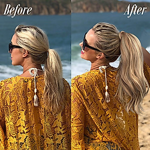 SOFEIYAN Curly Ponytail Extension 15 Inch Heat Resistant Synthetic Natural Wavy Hairpiece Wrap Around Pony Tail Hair Extensions for White Black Women Hair Piece, Brown & Blonde