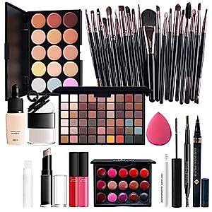 All in one makeup kit full versatile essential eyeshadow palette lipstick, blush, foundation, concealer, lip gloss, mascara, lip balm, powder puff powder, makeup set for women