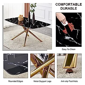 Baysitone Rectangular Glass Dining Table Set for 6, 71 inch Black Marble Polishing Dining Table with 4 Golden Coated Metal Legs, PU Faux Leather Chairs with Golden Metal Legs for Kitchen, Dark Gray