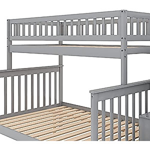 DNYN Stairway Twin-Over-Full Bunk Bed with Storage Shelves & Guardrail for Dorm,Kids Bedroom,Solid Pine Wood Bedframe,Space Saving Design & No Box Spring Needed, Grey