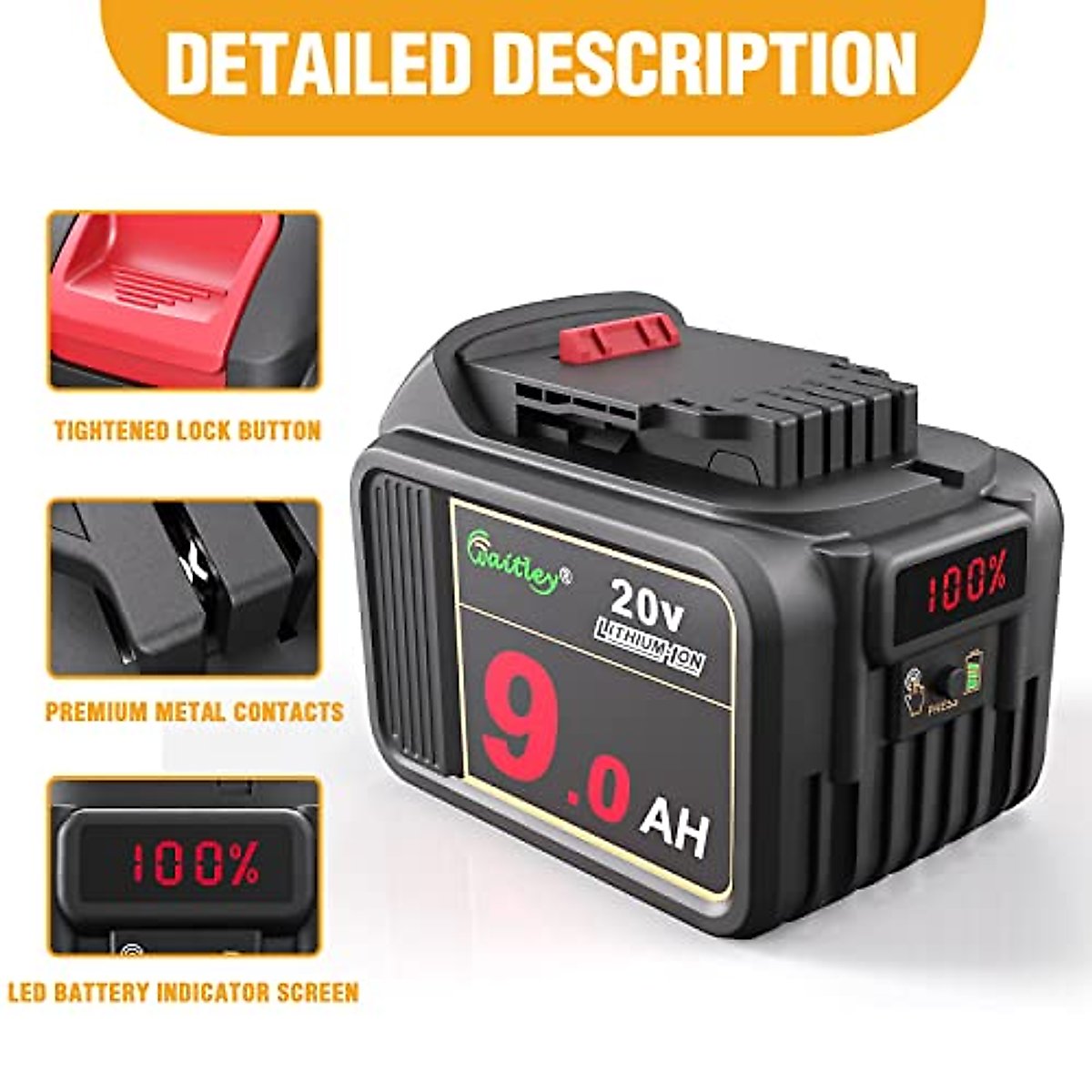 ZLWAWAOL DCB200 20V 9.0Ah Lithium-ion Replacement Battery Compatible with Dewalt 20V DCB200 DCB203 DCB204 DCB206 DCB209 DCD/DCF/DCG/DCS Series Cordless Tools with LED Display