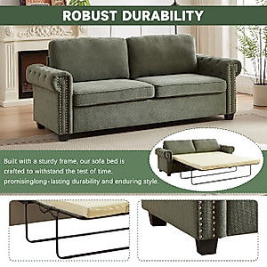 amervanito 83.8" Pull Out Couch, Full Size 2 in 1 Pull Out Sofa Bed, Convertible Couch Bed with Rolled Arms & Mattress, Sleeper Sofa Couch for Living Room, Apartment, Small Spaces (Green)