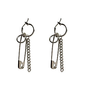 Safety Pin Chain Tassels Dangle Earrings Punk Silver Pin Dangle Earring with Hoop Jewelry for Men and Women (Silver)