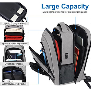 Travel Large Laptop Backpack, TSA Friendly 17 Inch Laptop Backpack for Men Women Water Resistant Business Carry On Backpack with USB Charger Port and Luggage Sleeve Work Anti Theft Rucksack, Grey