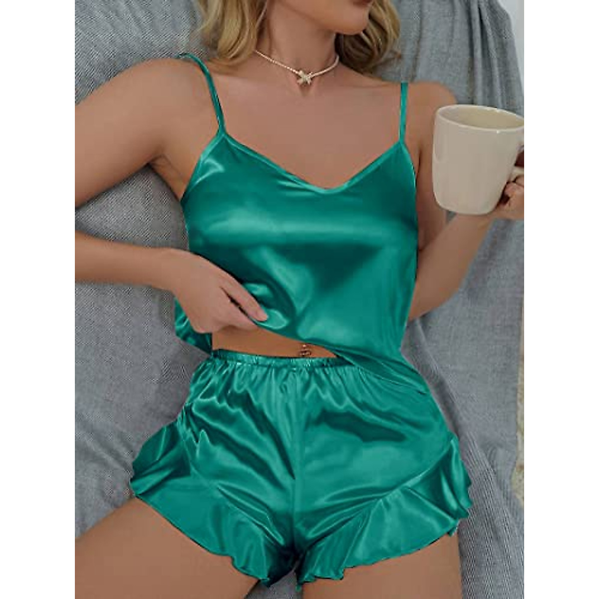 Samring Women's Silk Satin Pajamas Set 2 Pcs Silky Pj Sets Sleepwear Cami Nightwear Gift Green L