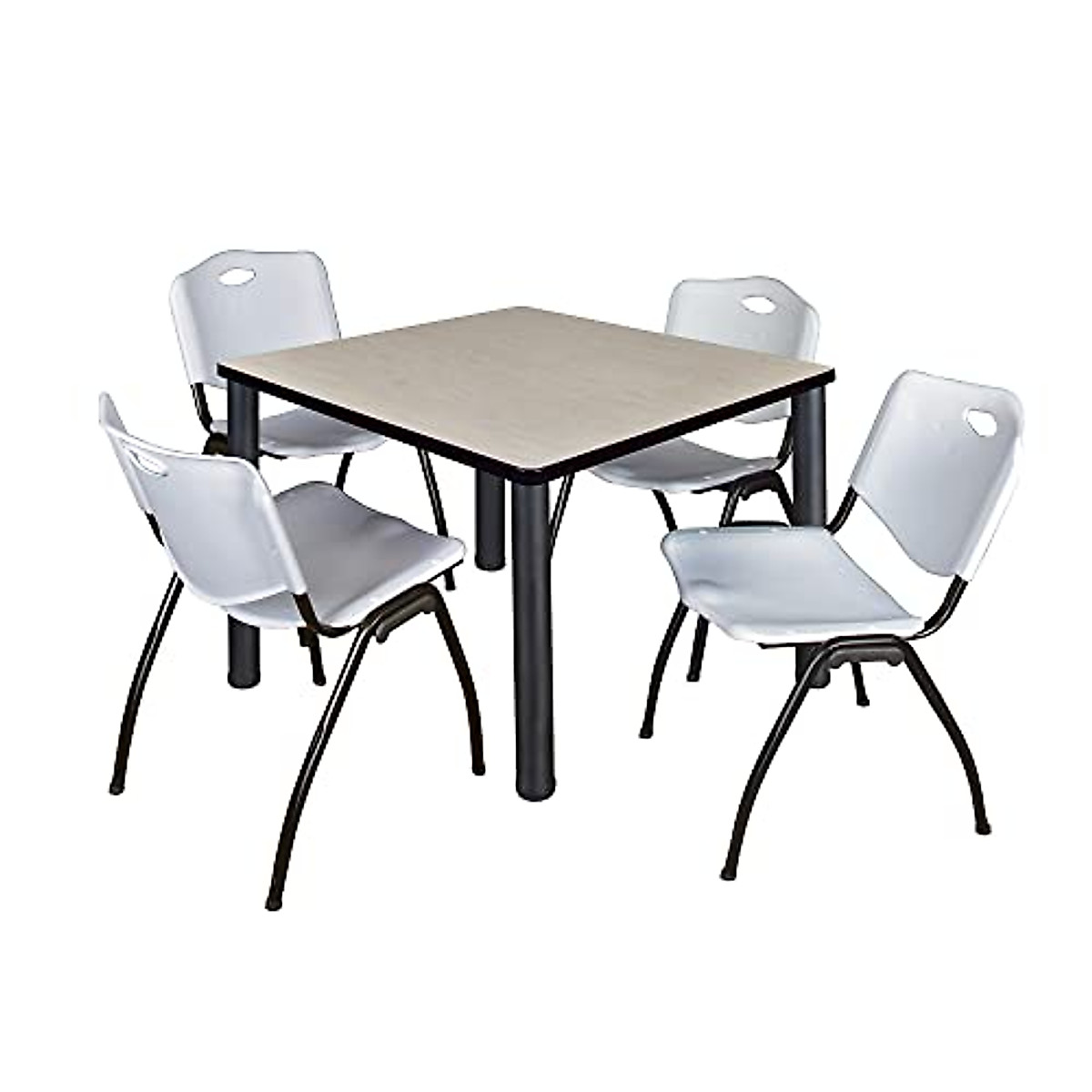 Kee 36" Square Breakroom Table- Maple/ Black & 4 'M' Stack Chairs- Grey