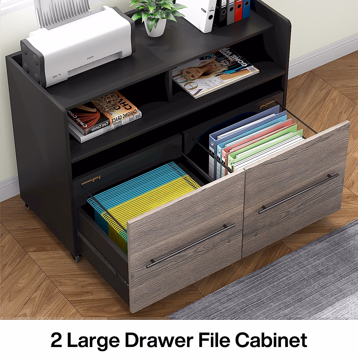 Tribesigns 2 Drawer File Cabinet Rolling Filing Cabinets for Home Office Grey lateral File Cabinet Wood File Cabinet for Letter Size, Printer Stand with Rolling Wheel and Open Storage Shelves