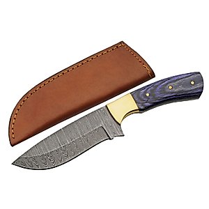 SZCO Supplies 9" Opal Blue Wood Handled Damascus Steel Drop Point Outdoor Hunting Knife With Sheath