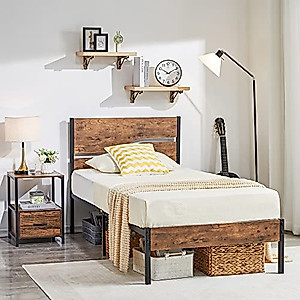 VECELO Platform Bed Frame Twin Size with Rustic Vintage Wood Headboard, Mattress Foundation, Strong Metal Slats Support, No Box Spring Needed, Black & Wood Grain