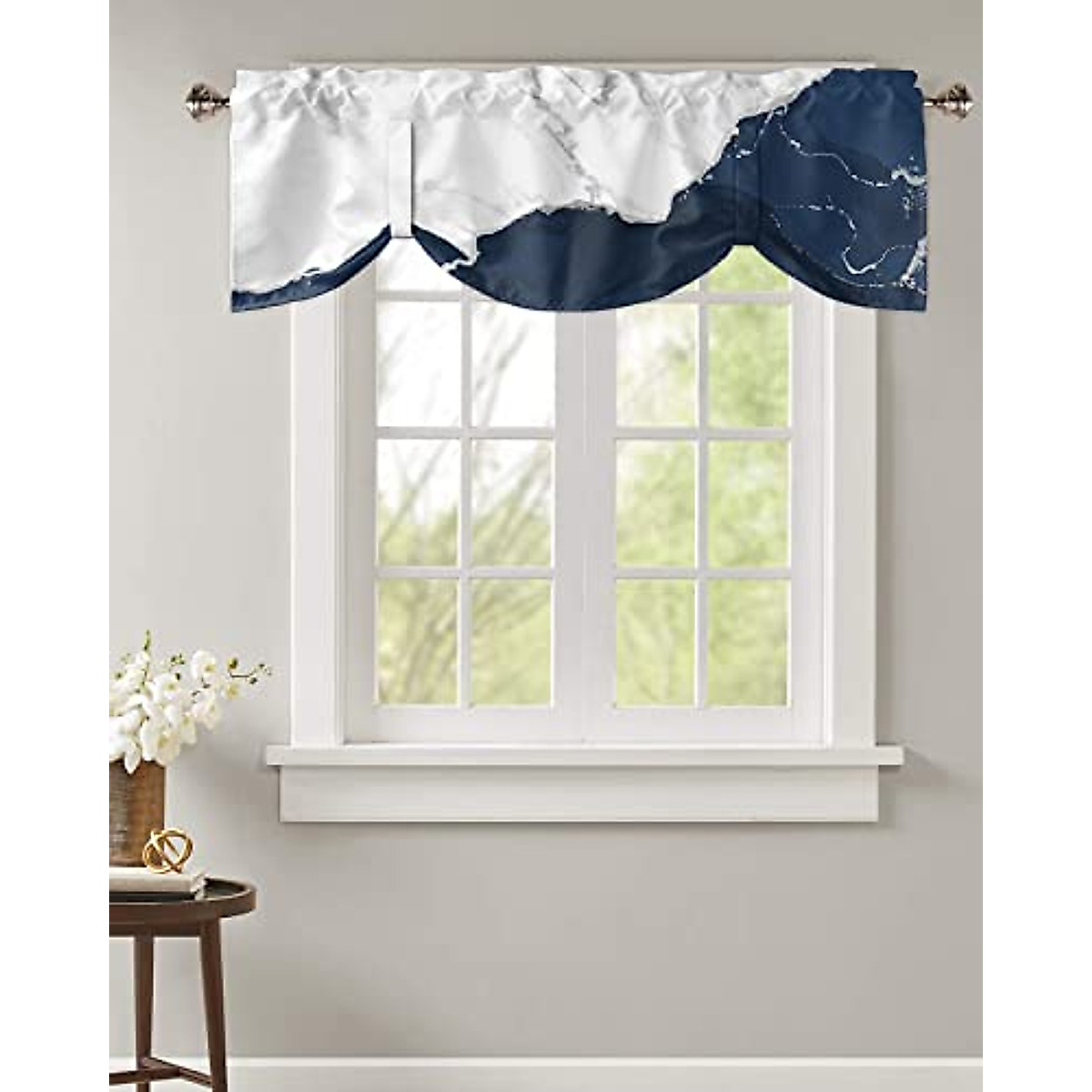 Tie Up Valance 12 Inches Long Wild Marble Pattern Gold White Navy Ombre Adjustable Top Shade Valance for Kitchen Window Treatments Rod Pocket Short Valances for Living Room Kids Room 42x12" 1 Panel