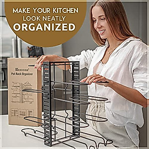 GeekDigg Pot Rack Organizer For Cabinet or Countertop, 3 DIY Methods Pot Rack, Height and Position are Adjustable 8+ Pots and Pan Lid Holder, Black Metal Kitchen Pantry Organizer Upgraded Version