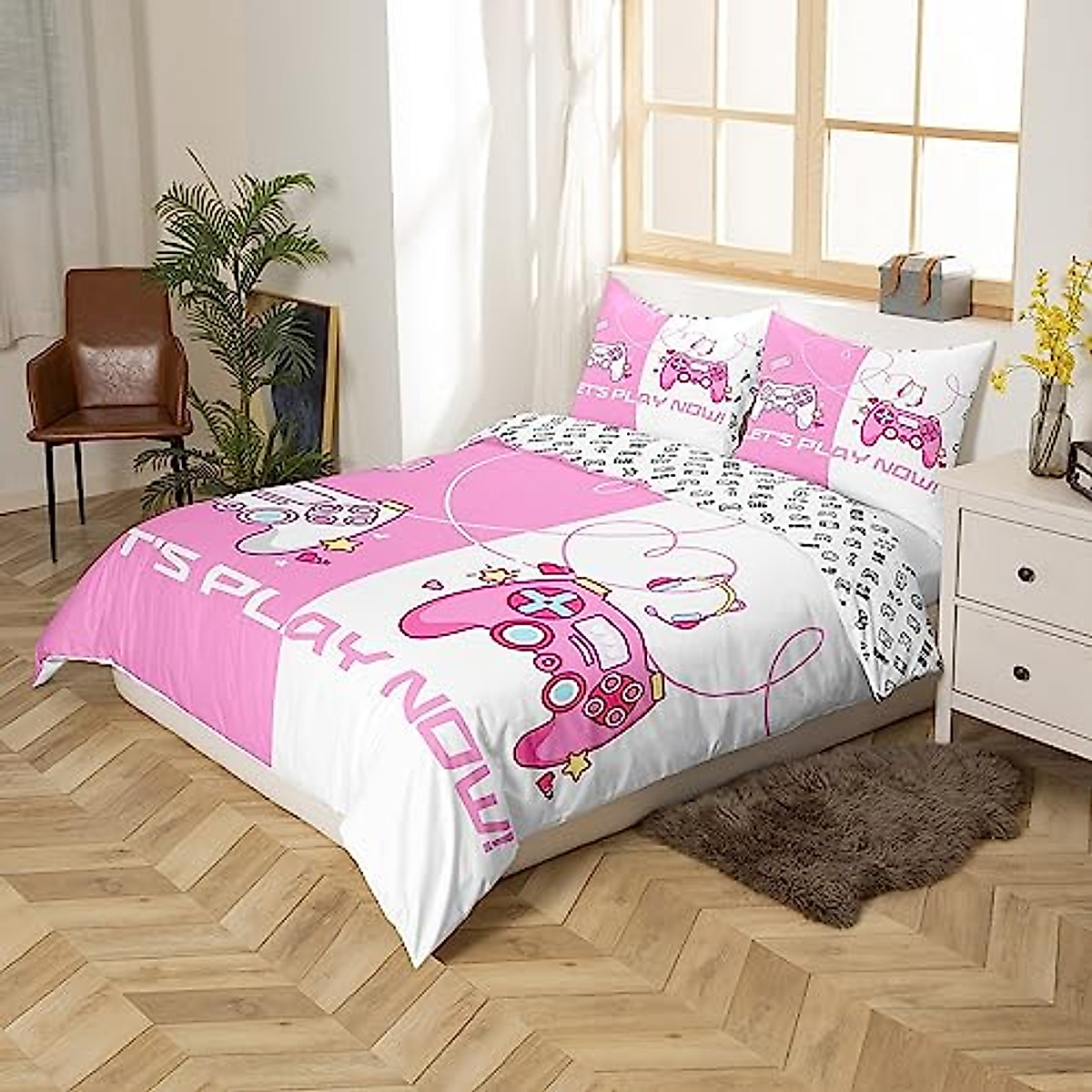 Erosebridal Gaming Bedding Sets for Boys King Size Gamer Duvet Cover for Girls Kids Teens Gaming Room Decor Pink Comforter Cover Video Games Bedding Collections Soft Reversible Bedspread Cover 3 Pcs