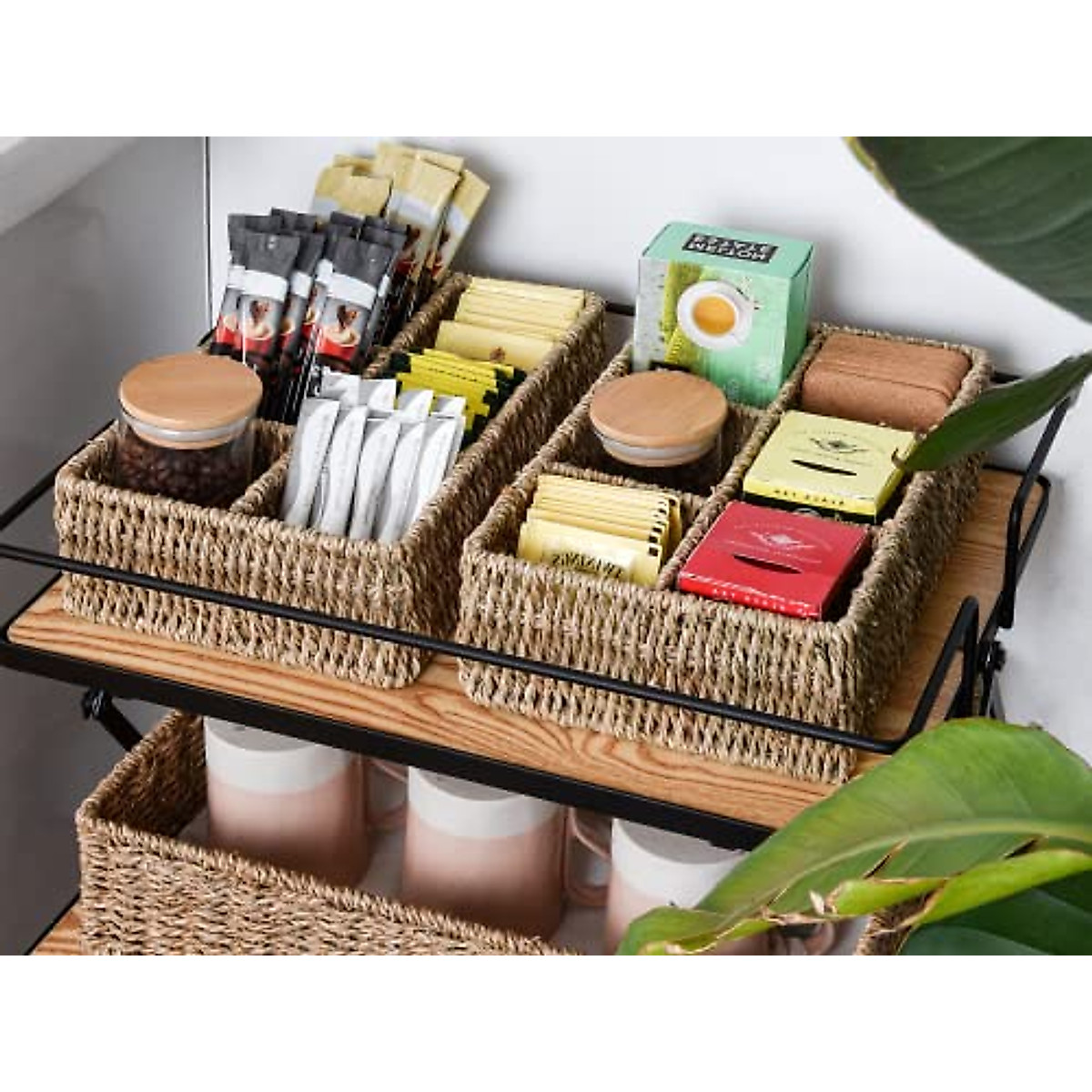 StorageWorks Tea Bag Organizers, Small Wicker Baskets with 6 Sections, Coffee and Tea Organizers for Coffee Bar, Shelves, Countertop, Seagrass Baskets for Organizing, 2Pack