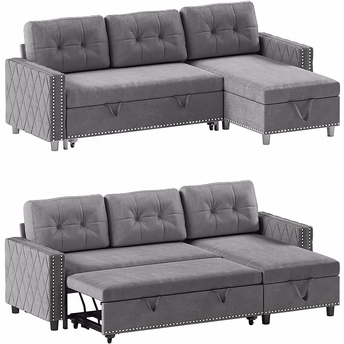 Mjkone 3 Seat L-Shape Sectional Sofa Couch with Pull Out Bed and Reversible Storage Chaise, Modern 83 Inch Sleeper Sofa with Breathable Velvet Fabric and Nailhead Trim for Living Room, Dark Gray