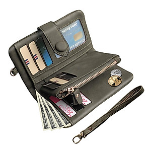 PofeeXIO Womens Small Bifold Leather Wallets Rfid Ladies Wristlet with Card slots id window Zipper Coin Purse (Army Green)